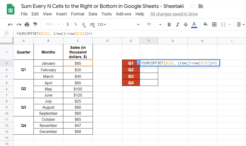 How to Sum Every N Cells to the Right or Bottom in Google Sheets