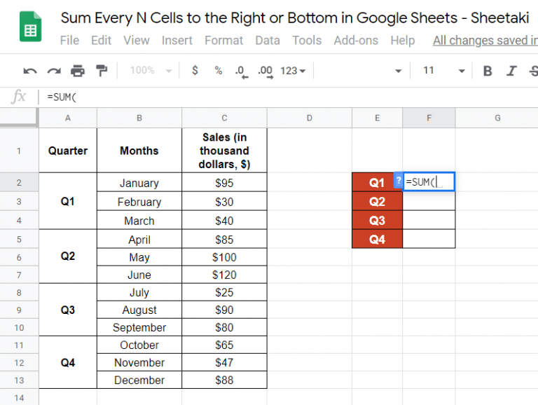 How to Sum Every N Cells to the Right or Bottom in Google Sheets