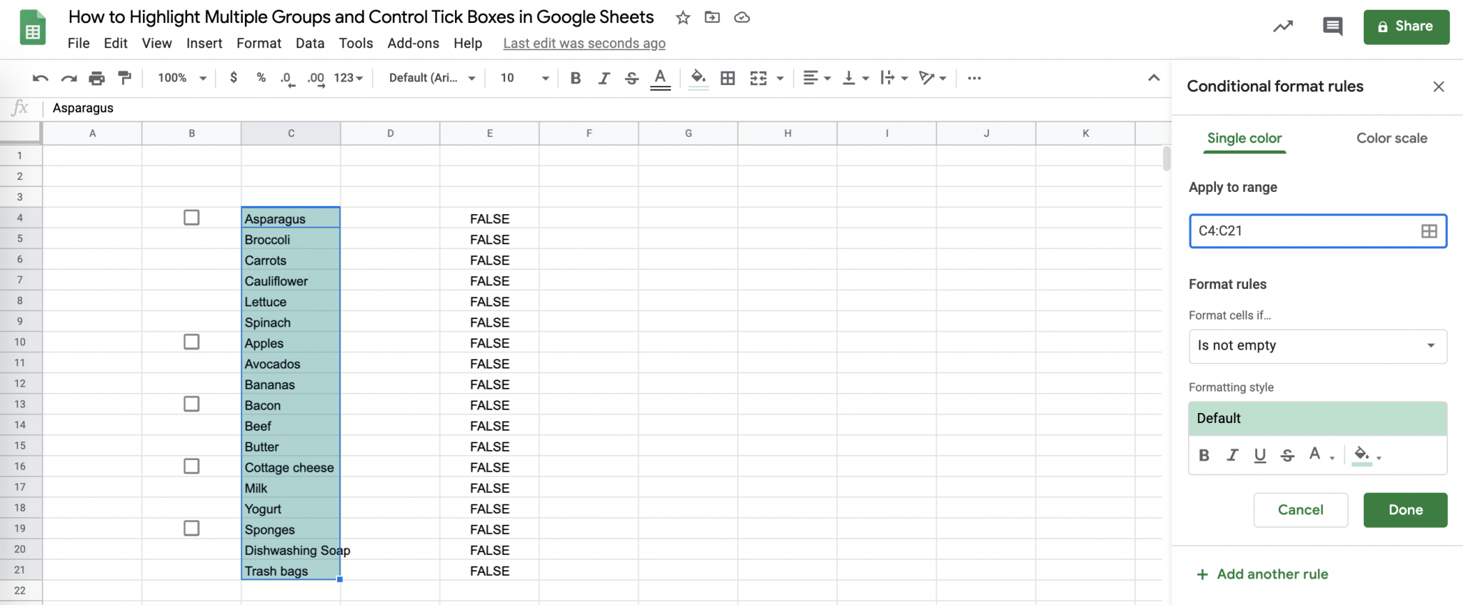 Highlight Multiple Groups and Control Checkboxes in Google Sheets