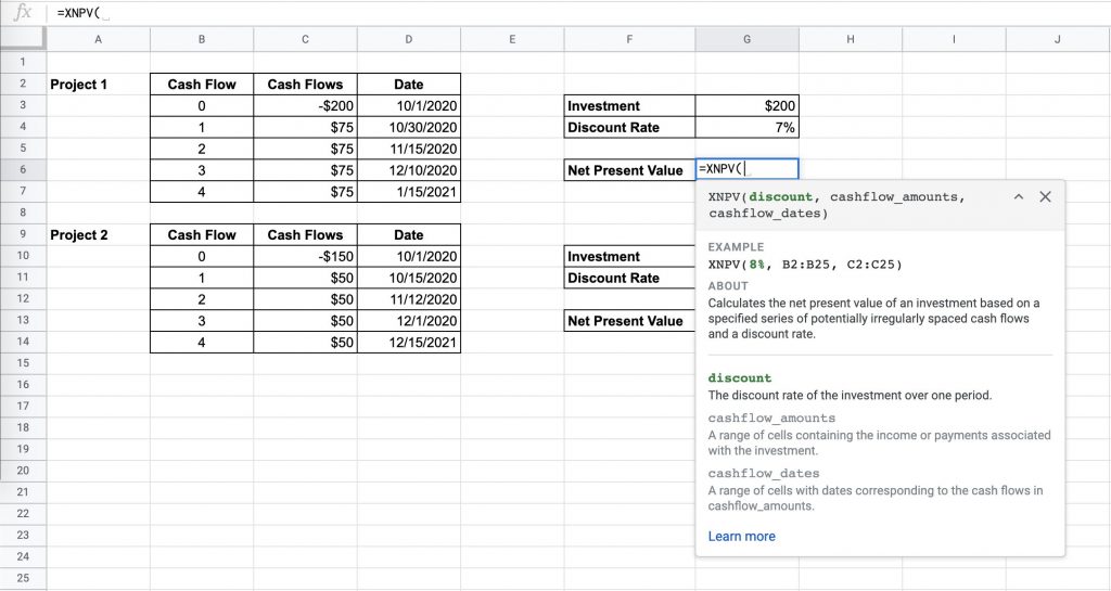 How to Use XNPV Function in Google Sheets - Sheetaki