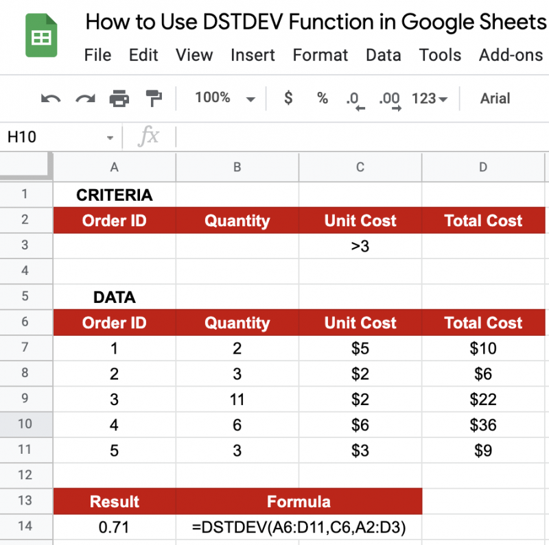 How to Use DSTDEV Function in Google Sheets - Sheetaki