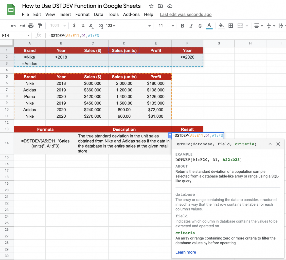 How to Use DSTDEV Function in Google Sheets - Sheetaki