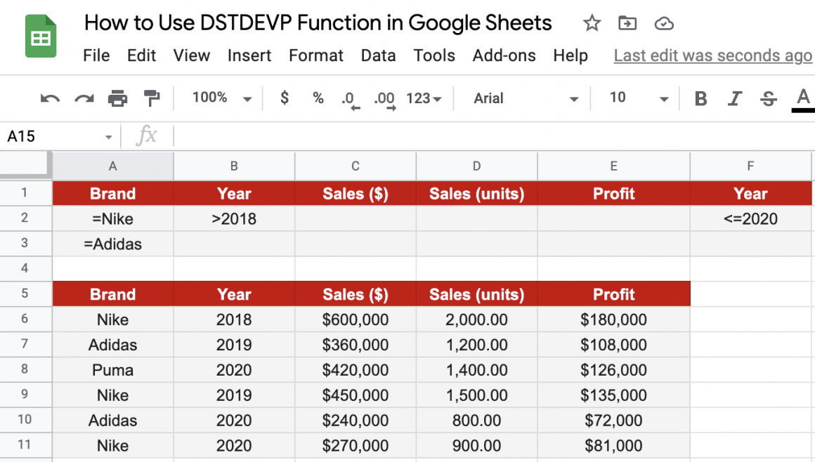 How to Use DSTDEVP Function in Google Sheets - Sheetaki