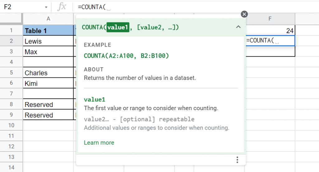 How to Use COUNTA Function in Google Sheets - Sheetaki