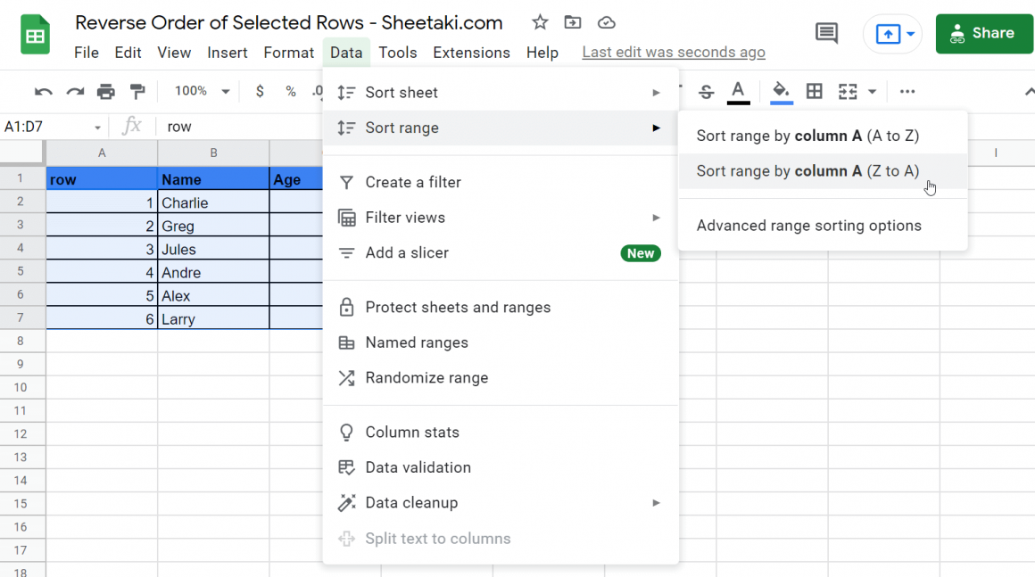 How to Reverse the Order of Selected Rows in Google Sheets - Sheetaki