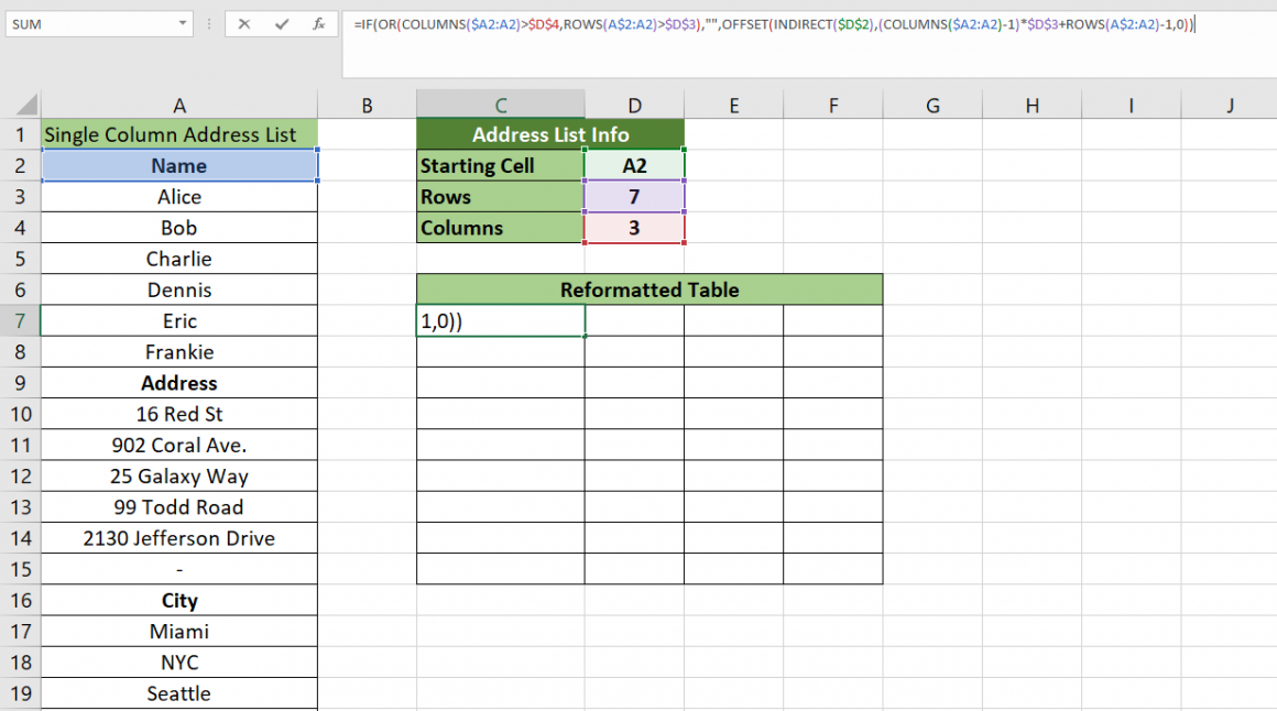 How to Transpose an Address List from Rows to Columns in Excel
