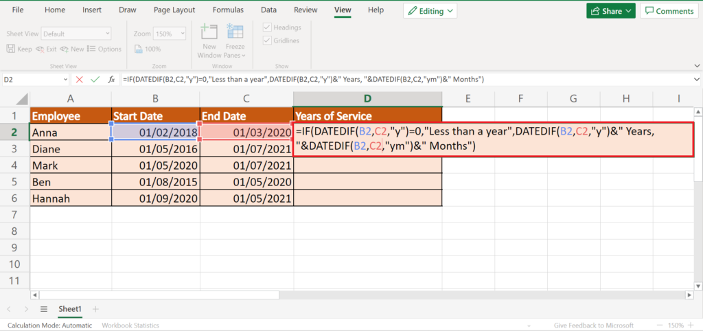 How to Calculate Years of Service in Excel - Sheetaki