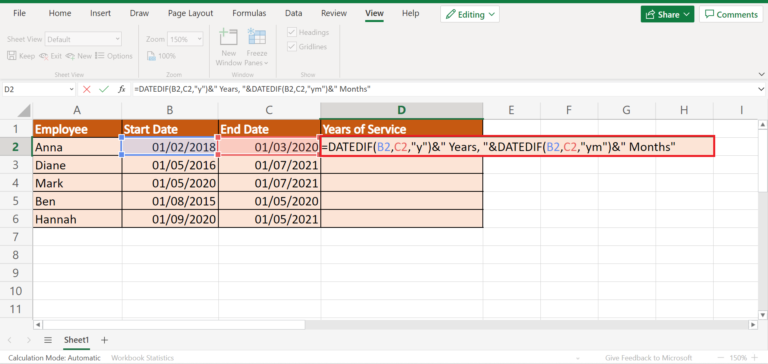 How to Calculate Years of Service in Excel - Sheetaki