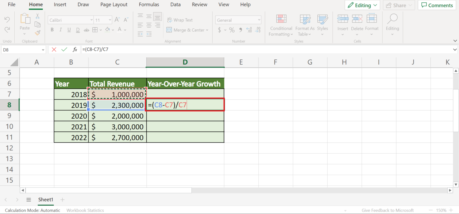 How to Calculate Year Over Year Growth in Excel - Sheetaki