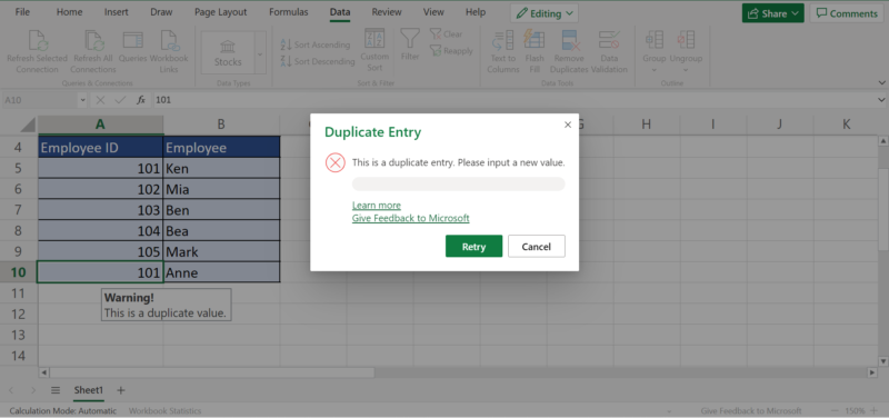 How to Prevent Duplicate Entries in Excel - Sheetaki