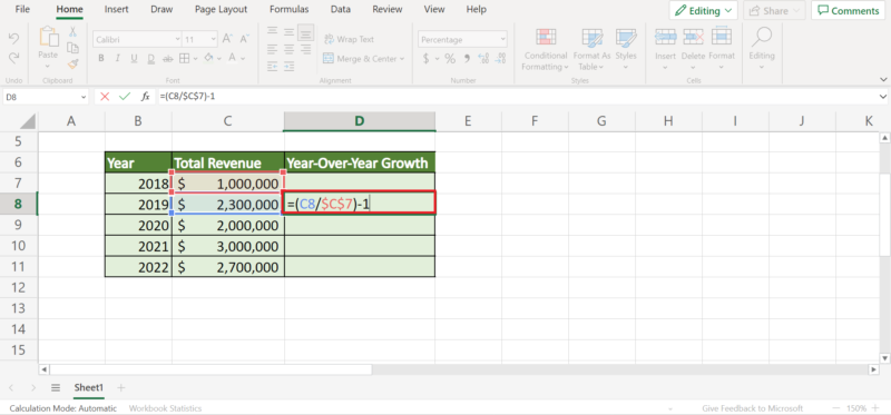 How to Calculate Year Over Year Growth in Excel - Sheetaki