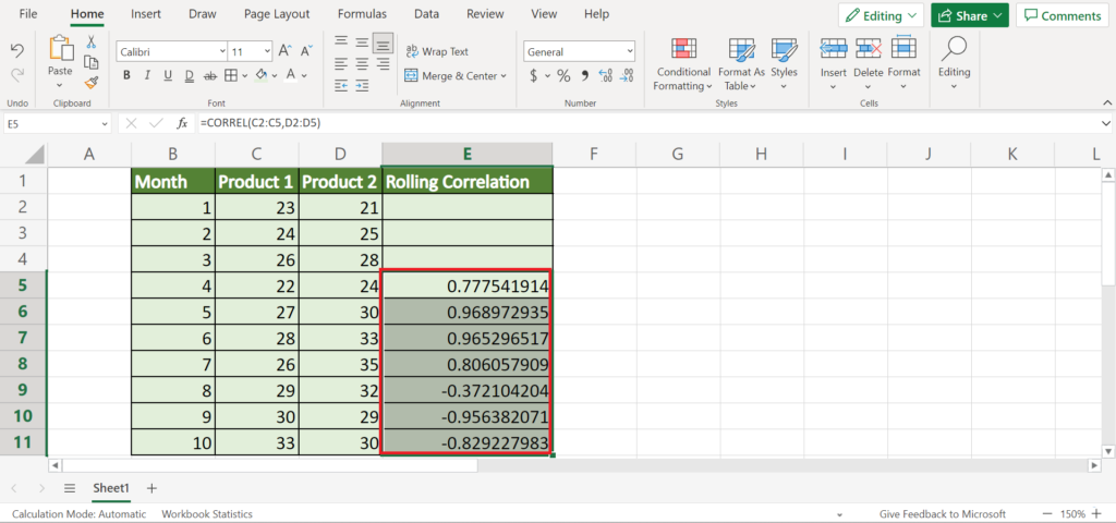 How to Calculate Rolling Correlation in Excel - Sheetaki
