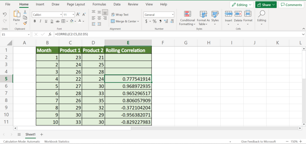 How to Calculate Rolling Correlation in Excel - Sheetaki