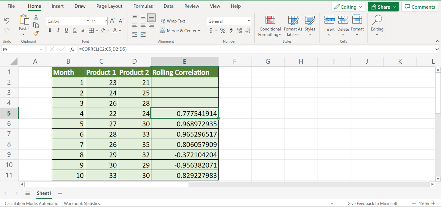 How to Calculate Rolling Correlation in Excel - Sheetaki