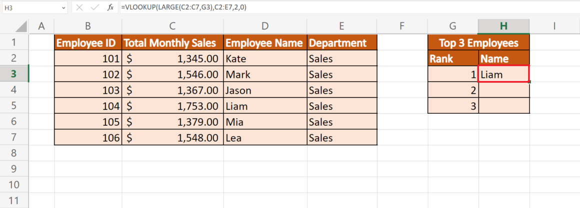 How to Use LARGE Function with VLOOKUP Function in Excel